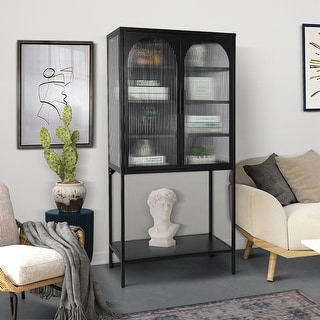 Tempered Glass Tall Storage Cabinet with 2 Arched Doors Adjustable ...
