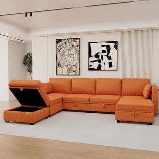 Orange Chaise Couch Convertible Sectional Sofa Set with Storage Seats ...