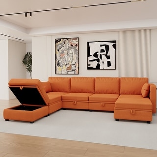 Orange Modular Sectional Sofa 6 Seat Couch with Storage Seat & Ottoman ...