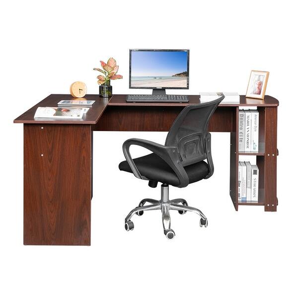 L-Shaped Wood Right-angle Computer Desk with Two-layer Bookshelves ...