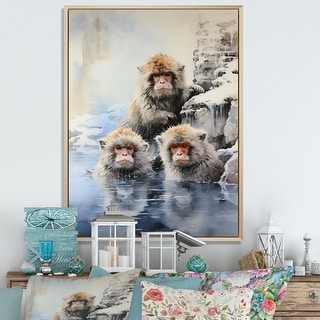 Designart "Japon Art Snow Monkeys Bath II" Japan Art Framed Canvas Wall ...