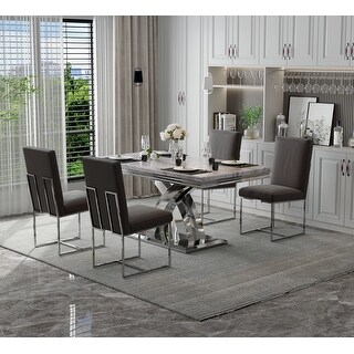 Silver Dining Room Table Set with 65 inch Table and Grey PU Leather ...