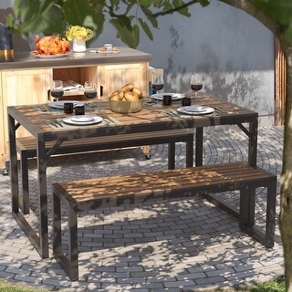 Moasis Outdoor Patio Dining Table Set and Bench with Faux Wood Tabletop ...