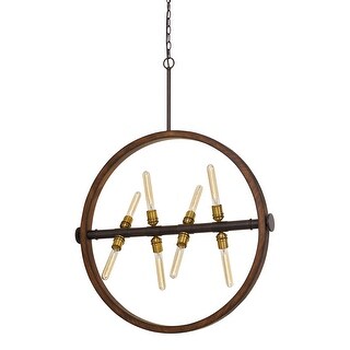 Round Wood Frame Chandelier with Metal Rod and Glass Shade,Bronze and ...