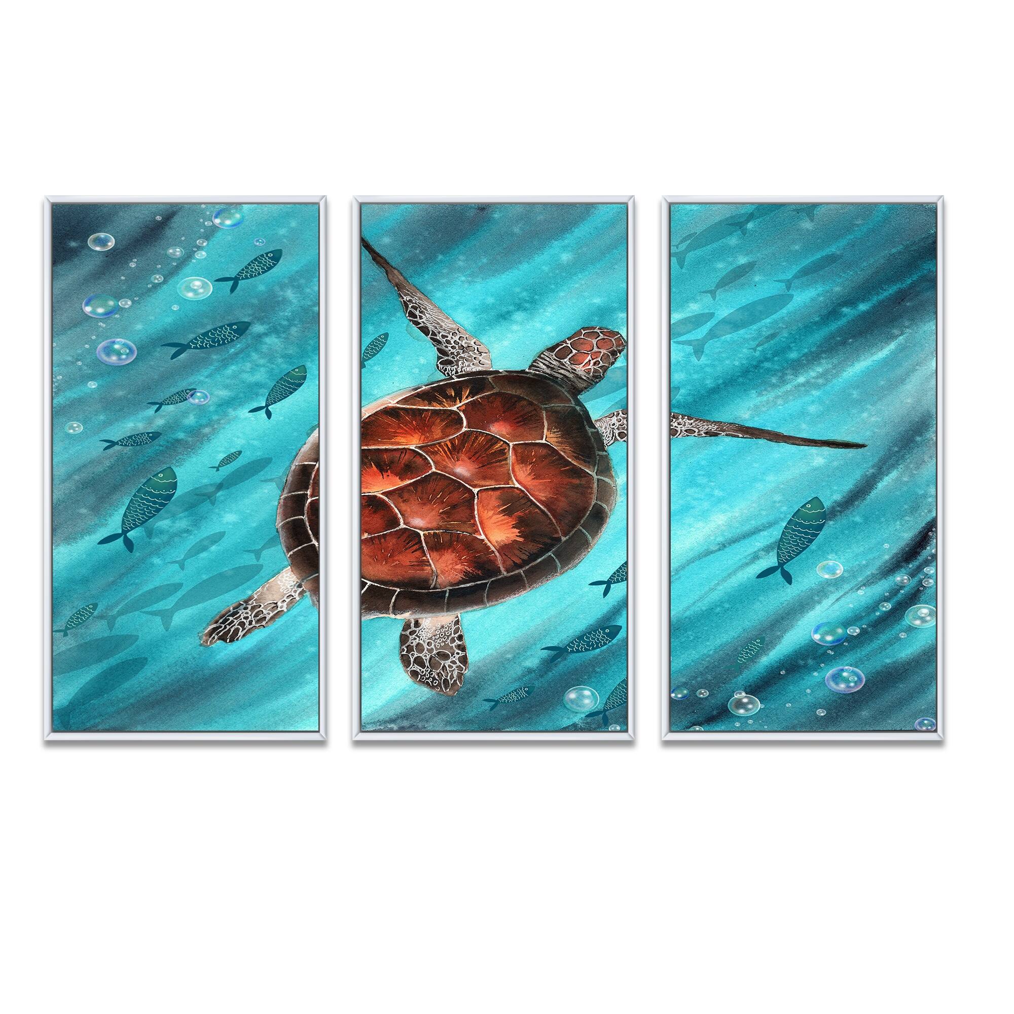 Designart Colorful Sea Turtle Swimming I Nautical And Coastal Framed