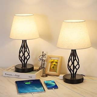 Set of 2 - Bedside Lamp with Dual USB Charging Ports 1 AC Outlet - Bed ...
