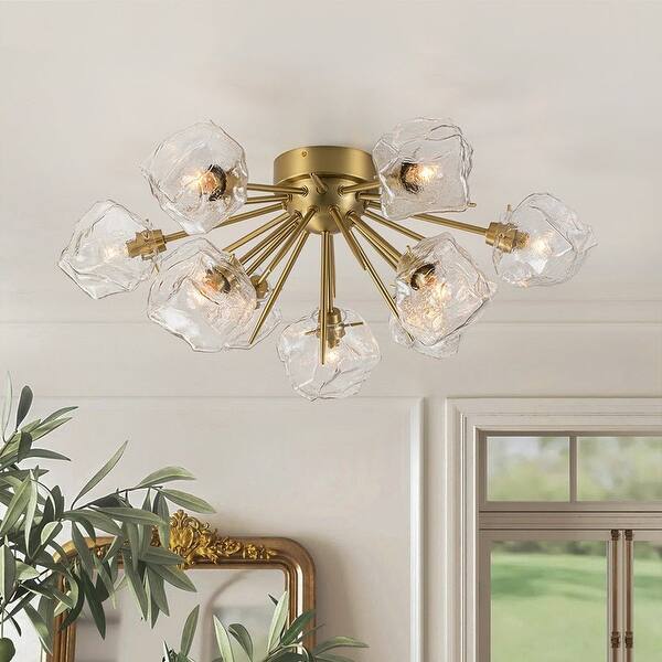 9-Light Sunburst Clear Glass Ice Shade Semi Flush Mount Brushed Brass ...