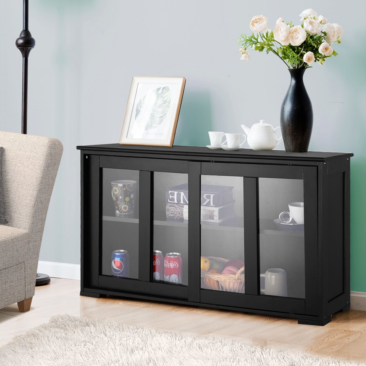 Wooden Buffet Cupboard Kitchen Storage Sideboard Sliding Door Black ...