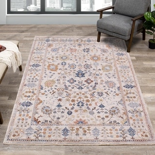 Madelyn Collection - Cream/Blue/Orange Traditional Border Rug - Bed ...