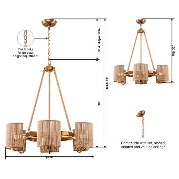 6-Light Bohemian Natural Jute Rope Woven Chandelier Pendent Ceiling ...