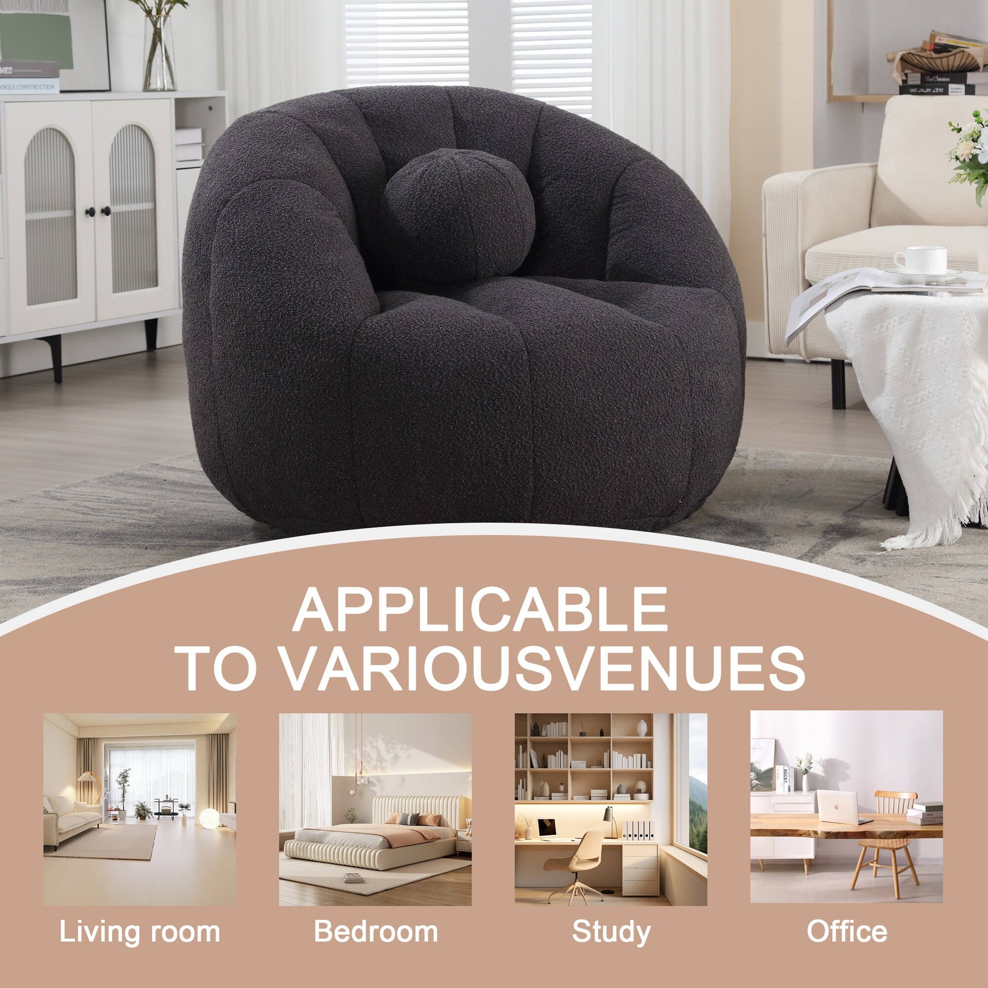 HOMEFUN Cozy Beanbag Sofa With Memory Foam Filler Oversized Round Sofa Couch For Adults Comfy Lazy Floor Sofa Grey