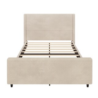 Cream Queen Upholstered Platform Bed w/High Wingback Headboard Vertical ...