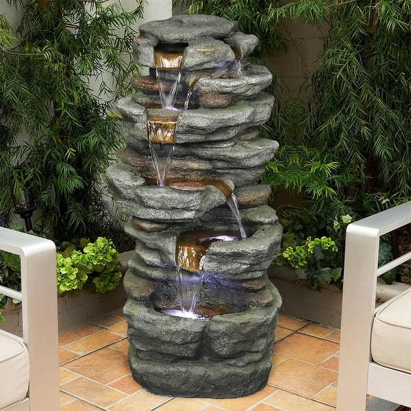 6-Tier Outdoor Waterfall Water Fountain w/LED Lights for Garden Patio ...