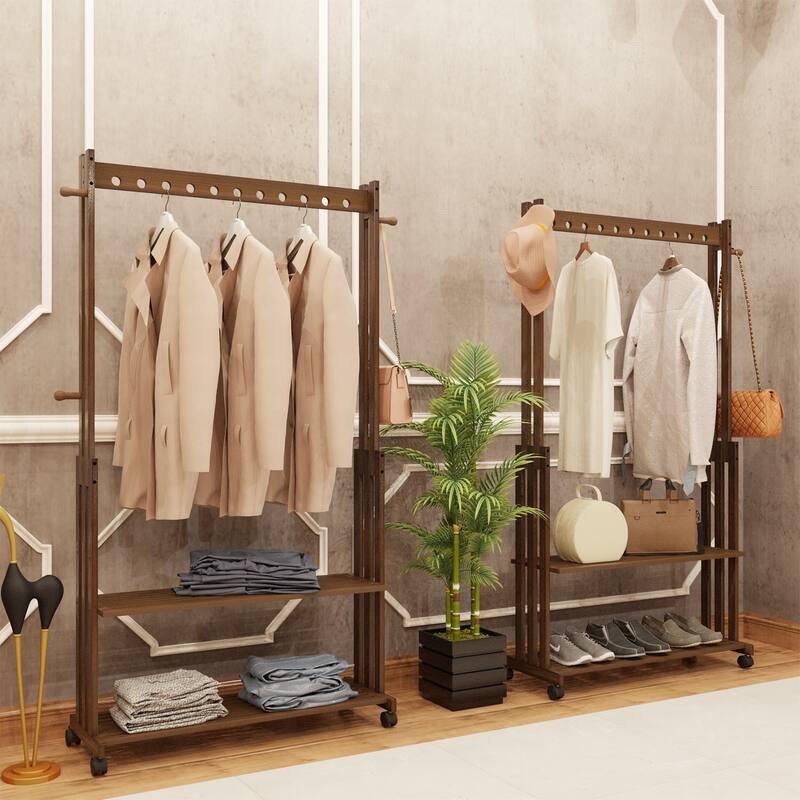 Rustic Wooden Clothes Rack Freestanding Bamboo Garment Stand On Wheels ...