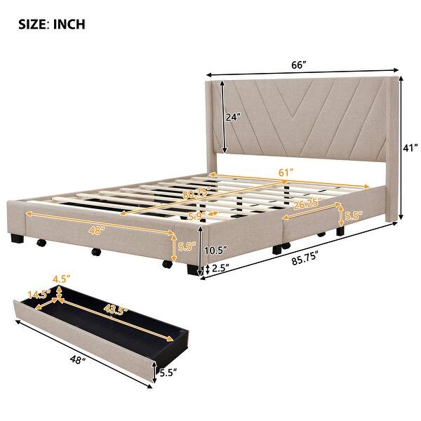 Queen Tufted Striped Wing Design Wingback Bed Frame with 3 Drawers ...