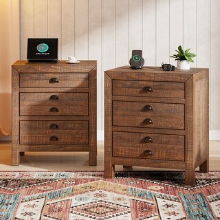 Rustic Farmhouse Style Three-Drawer Solid Pine Wood Nightstand Set of 2 ...