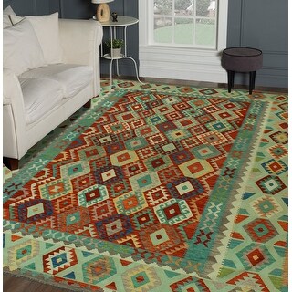 Hand-Woven Sangat Kilim Delois Rust/Green Rug - 10'2" x 12'9" - Bed ...