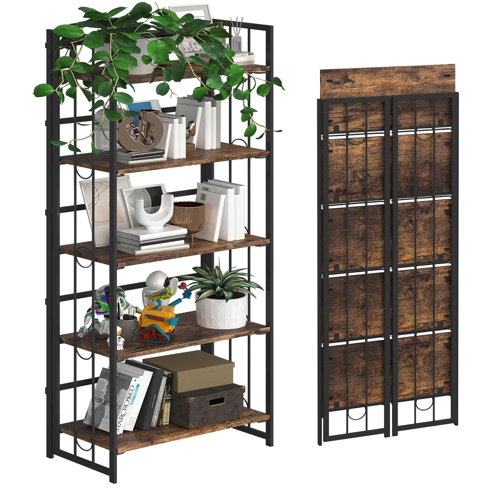 No-Assembly Folding Bookshelf Storage Shelves 4 Tiers Vintage Bookcase ...