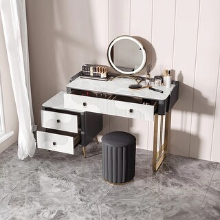 4-Drawer Vanity Table Set, Sintered Stone Dressing Table & Stool - Bed ...