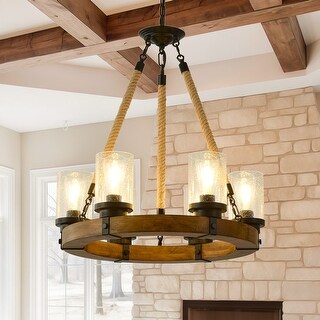 Rustic Wagon Wheel Chandelier Wooden Farmhouse Chandeliers with Seeded ...