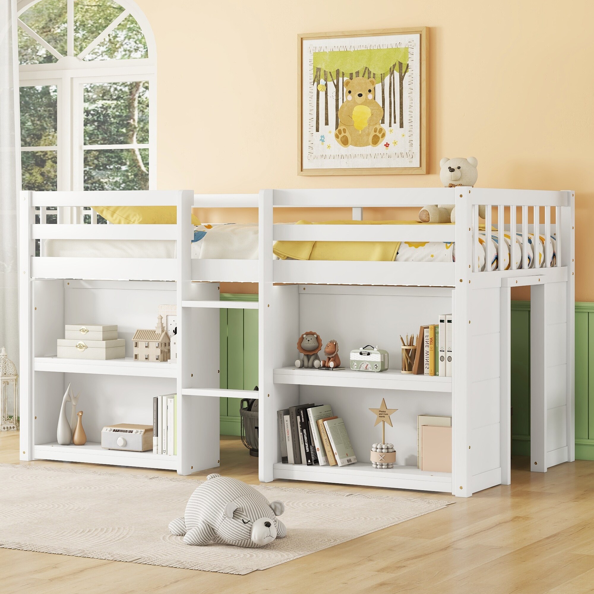 Twin Low Loft Bed with LED Shelves Safe Kids Bed with Storage Play Area White Bed Bath Beyond 41959067