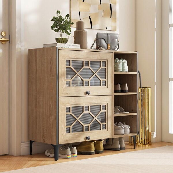 Rustic Shoe Storage Cabinet with Flip Up Doors and Adjustable Shelves for Home Organization 35.5 L x 15 W x 34 H Oak
