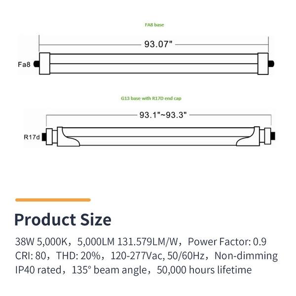 8FT T8 LED Tube Light, Type B Double Ended, FA8 Base, 38W=75W, 5000LM ...