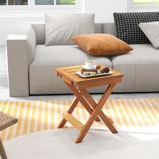 14 Inch Compact Folding Side Table with Slatted Tabletop - 14" x 14" x ...