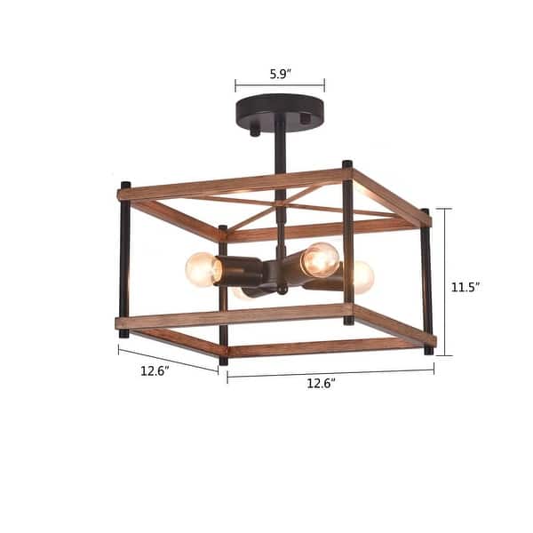 Industrial Wood Square Four Light Ceiling Fixture - 11.5" x 12.6" x 12. ...