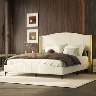 Upholstered Platform Bed, Headboard with Wingback and Metal Bar Accents ...