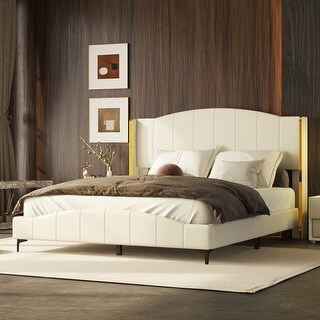 Wingback Queen Size Upholstered Platform Bed with Headboard and Metal ...