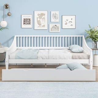 Full Pine Wood Daybed with Trundle, Slatted Back, Armrests & Support ...