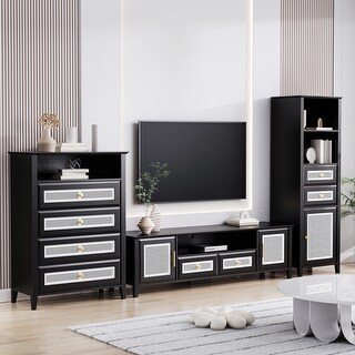 114" inch TV Stand Set with Storage, Rattan Element TV Media Console ...