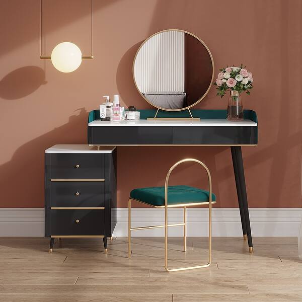 Sintered Stone Dressing Table Set with Mirror and Stool - Bed Bath ...
