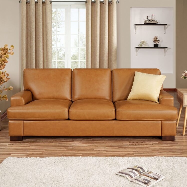 Modern Genuine Leather Sofa with Wooden Legs Additional Bolster Pillow