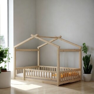 Full Size Natural Wood Bed House Bed Frame with Fence for Kids - Bed ...