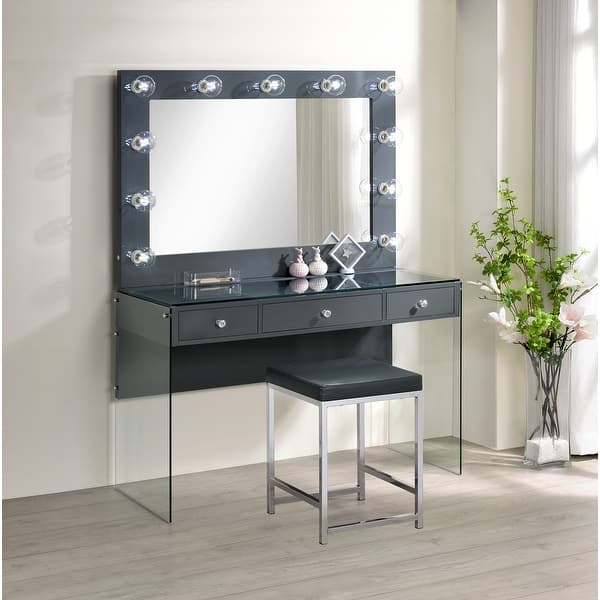 Afshan Grey 3-drawer Vanity Desk with Lighting Mirror - On Sale - Bed ...