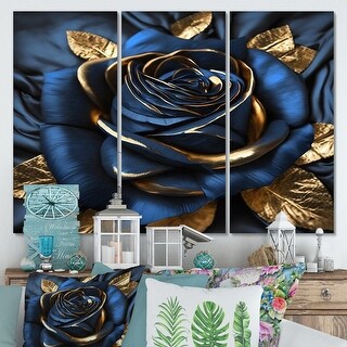 Designart "Gilded Rose In Kings Blue I" Floral Rose Canvas Wall Art ...