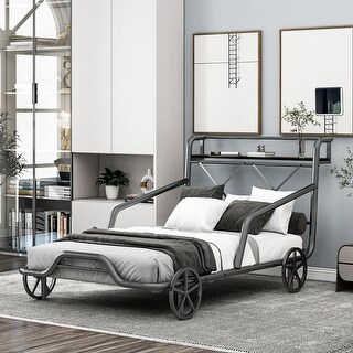 Metal Car Platform Bed with Guardrails and X-Shaped Frame Shelf - Bed ...