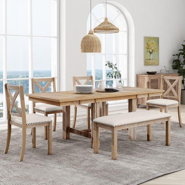 82inch 6-Piece Extendable Dining Table Set w/Upholstered Chair & Bench ...
