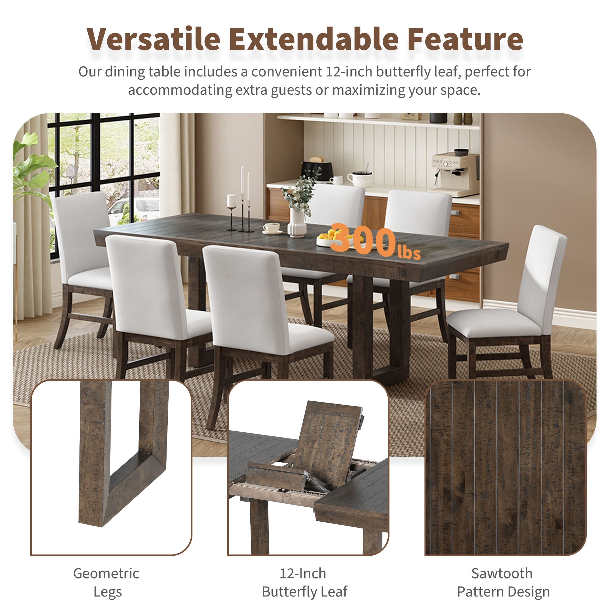 7 Piece 72 Extendable Dining Table Set with 6 Upholstered Chairs