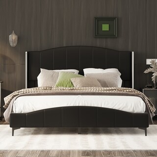 Queen Black Wingback Bed Frame, PU Leather Upholstered Platform Bed ...