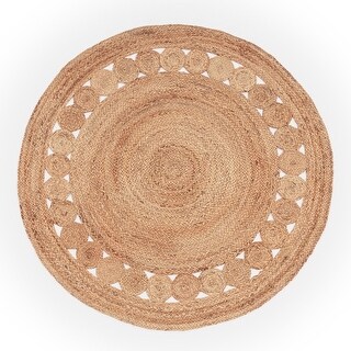 Hand-Woven Jute Rug Round with circles and border in Nature - Bed Bath ...