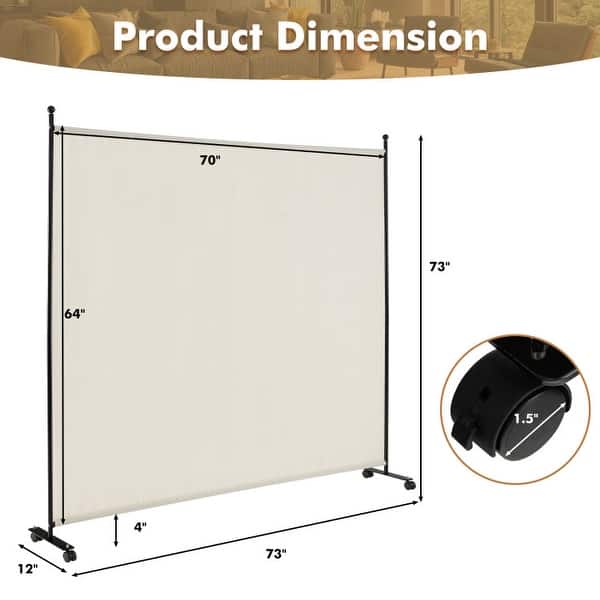 6 Feet Single Panel Rolling Room Divider with Smooth Wheels - 73" x 12 ...