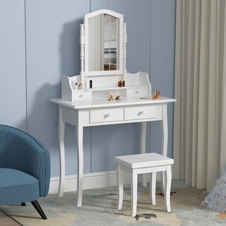 White Girls Vanity Table Set with Mirror,4 Drawers,Stool for Bedroom ...