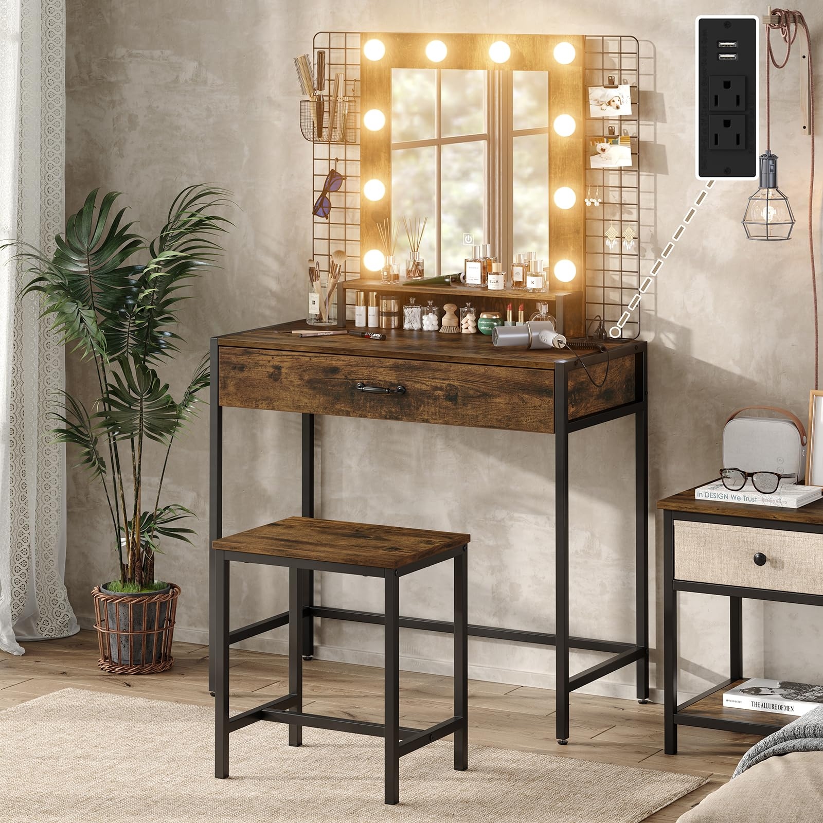 Makeup Vanity Desk Set with LED Lights and Mirror 33 W Makeup Table with Drawer Charging Station Dressing Table with Stool