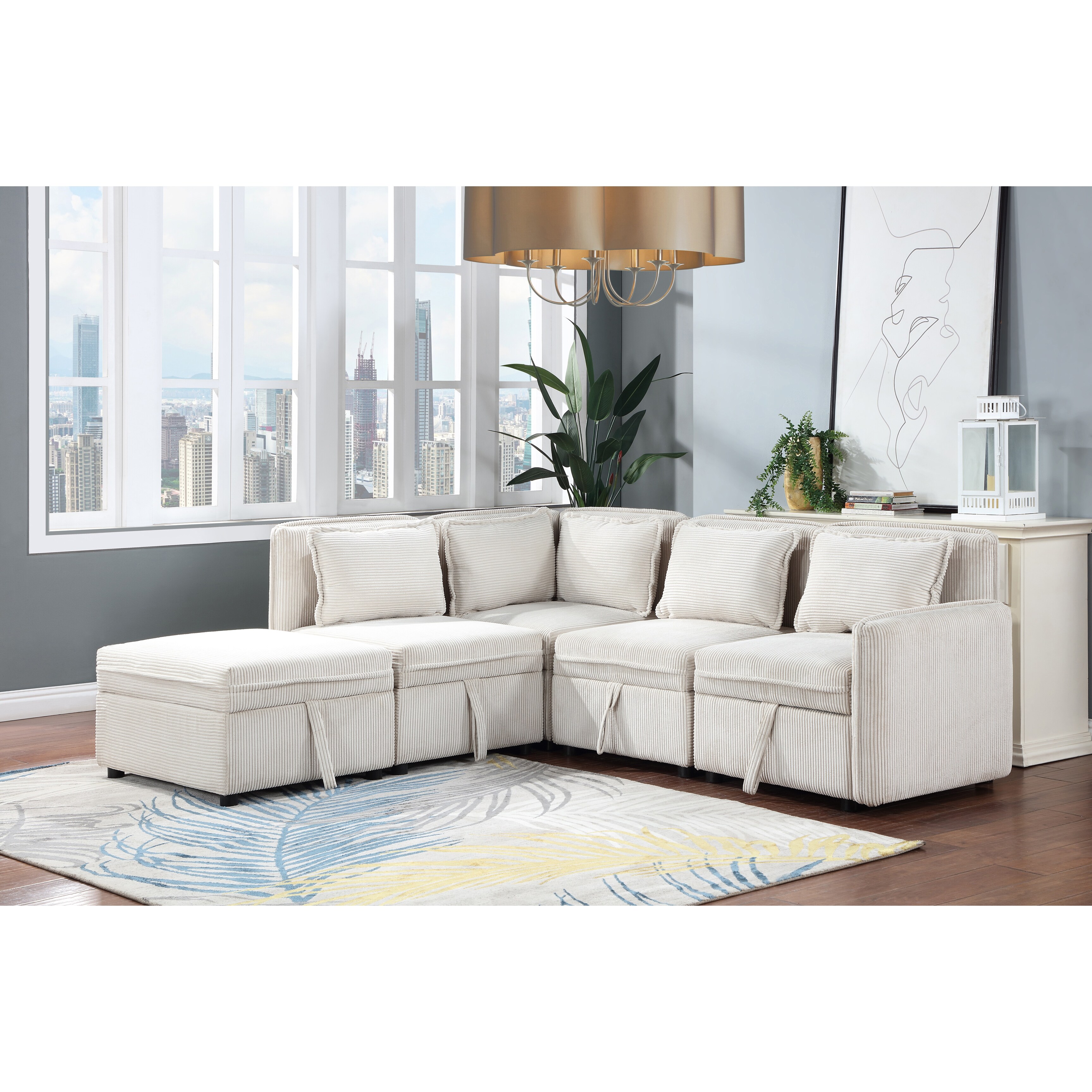 Corduroy Modular L-Shaped Sectional Sofa with Storage Ottoman - Bed ...