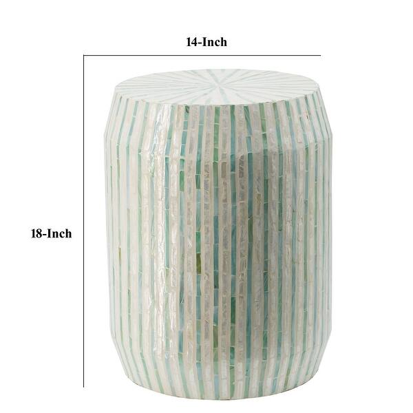 18 Inch Stool Table, Modern, Round Drum Design, Capiz Shells, Blue ...