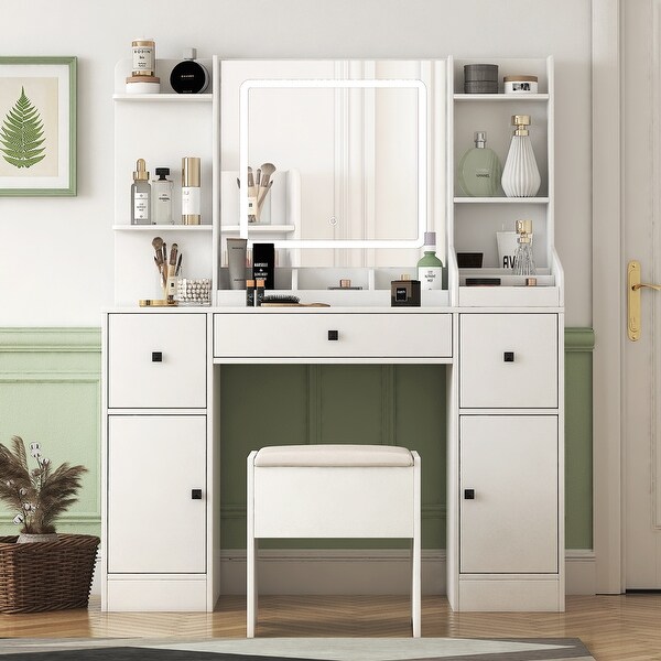 SUNMORYSHOP Vanity Desk with Mirror Lights LED Lighted Makeup Desk with Drawers and Cabinet Large Makeup Table White