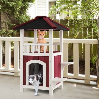 2-Story Wooden Cat House with Asphalt Roof Balcony and Rain Curtain-Red ...